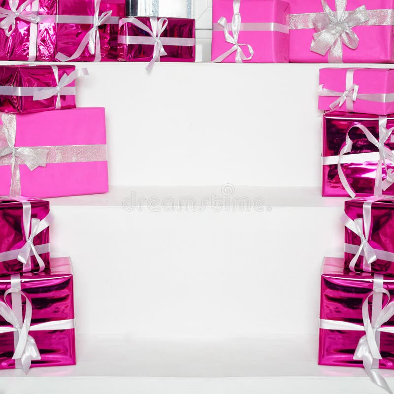 Stack of Pink Celebration Gift Boxes with Ribbon Bows on White Table ...