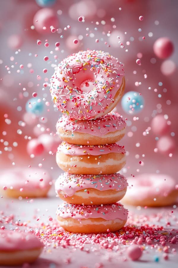 A Stack of Pink Donuts with Sprinkles on Top of Each Other Stock Photo ...