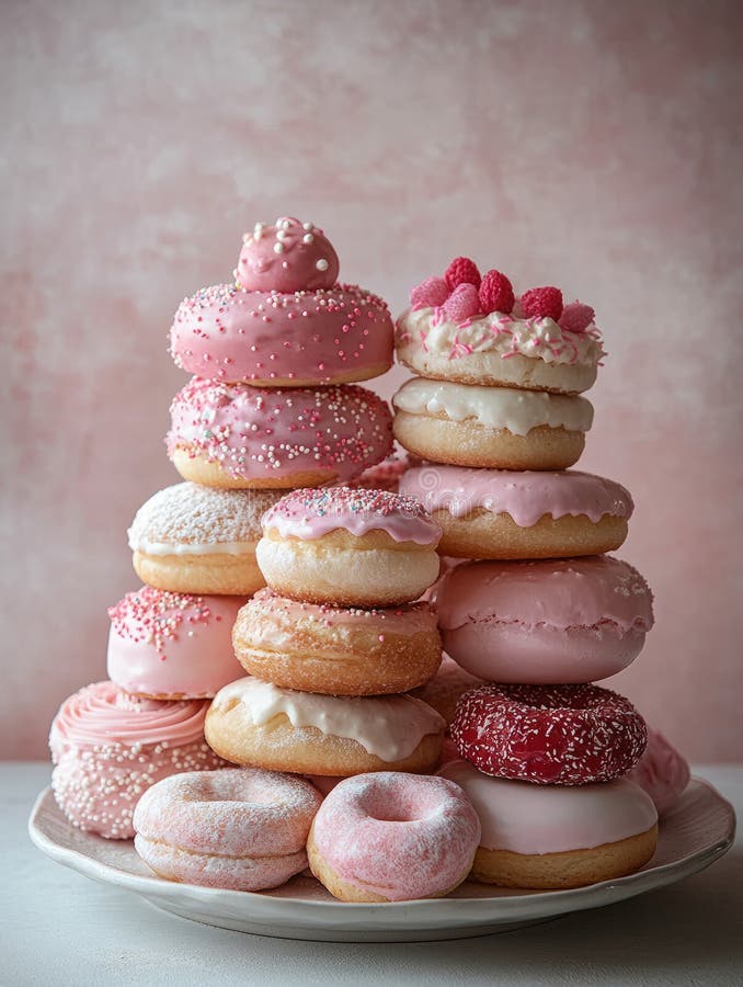 Stack Pink Donuts Varying Toppings Plate Stock Photos - Free & Royalty ...