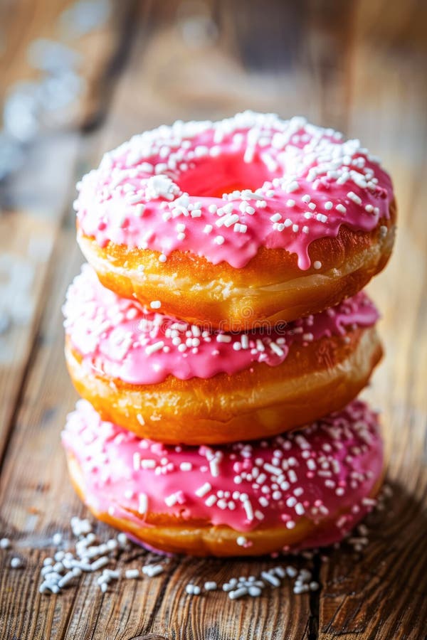 Stack of Pink Frosted Donuts with White Sprinkles on a Wooden Table ...