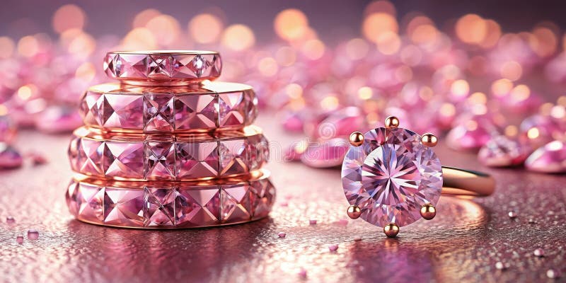 Stack of Pink Gemstone Rings and a Solitaire Ring on a Sparkling ...