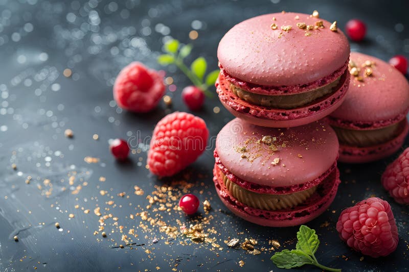 Stack of Pink Macarons with Raspberries and Mint on a Table Stock Photo ...