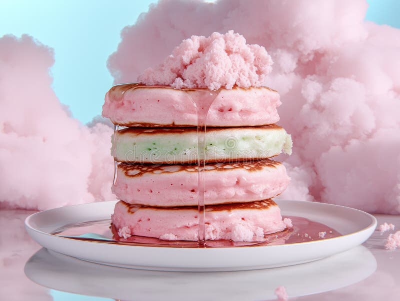 Stack of Pink Pancakes with Cotton Candy and Syrup Stock Illustration ...