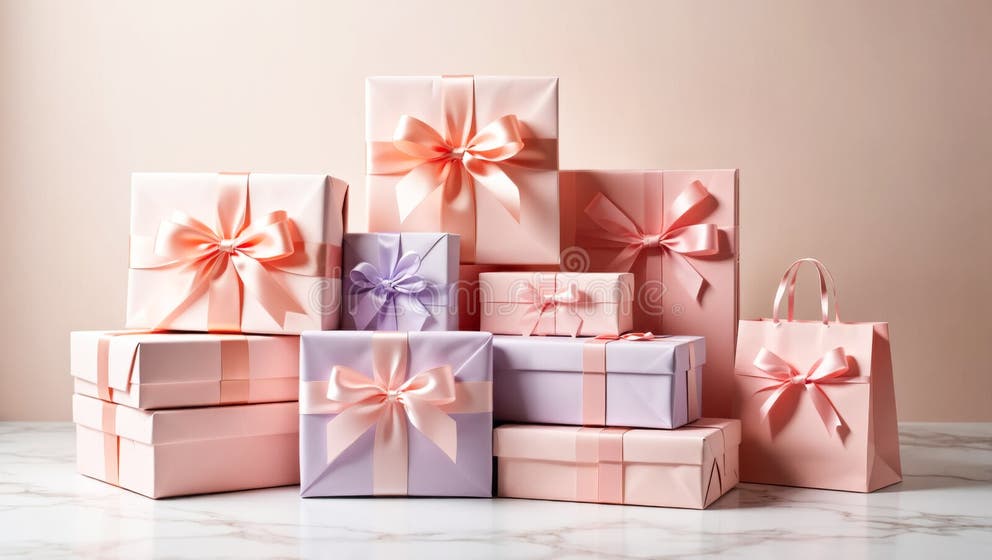 Stack of Pink and Purple Boxes with Bows on Them Stock Photo - Image of ...
