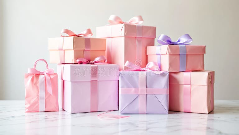 Stack of Pink and Purple Boxes with Ribbons on Top Stock Photo - Image ...