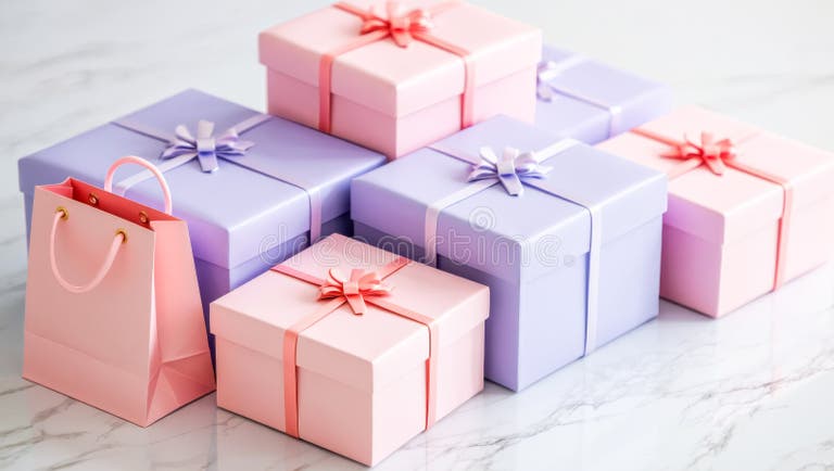 Stack of Pink, Purple, and White Boxes with Pink Bags on Top Stock ...