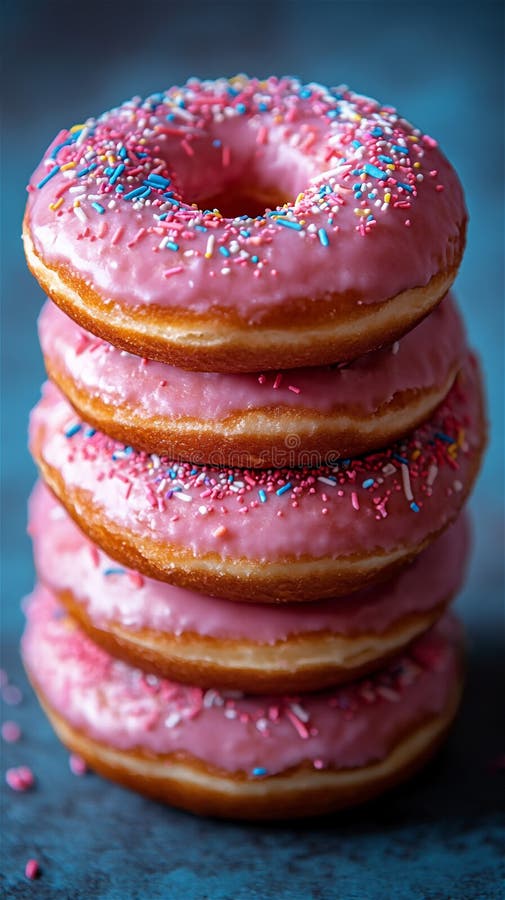 Stack of Pink and Strawberry Donuts with Colorful Sprinkles on a Blue ...