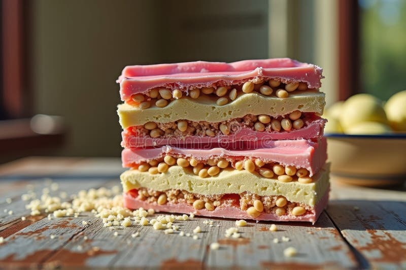 Stack of Pink and White Chocolate Bars with Crunchy Nuts on Rustic ...