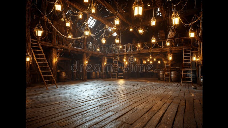 Stack of Pirate Ships on the Deck of a Theater Stage As a Background ...