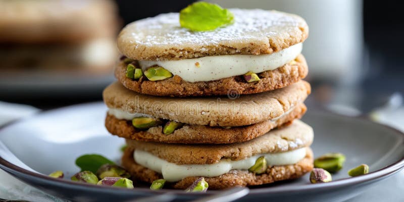 Stack of Pistachio Cream Sandwich Cookies with Mint Garnish on Plate ...