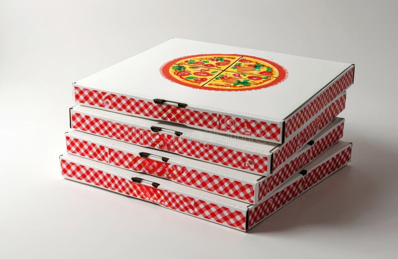 Stack of Pizza Boxes with Graphic of Pizza on Top. Boxes Have Red ...