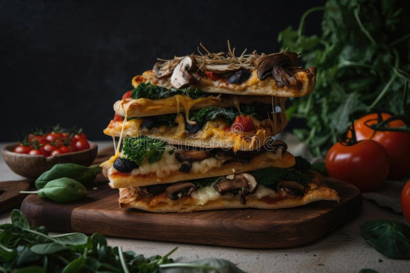 Stack of Pizza Slices with Various Toppings, Surrounded by Greenery ...