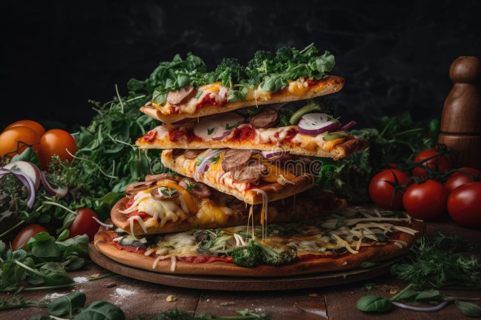 Stack of Pizza Slices with Various Toppings, Surrounded by Greenery ...