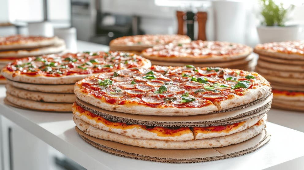 A Stack of Pizzas on a Table with Toppings and Cheese, AI Stock Image ...