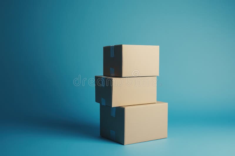 Stack of Plain Brown Boxes on Solid Blue Background for Shipping and ...