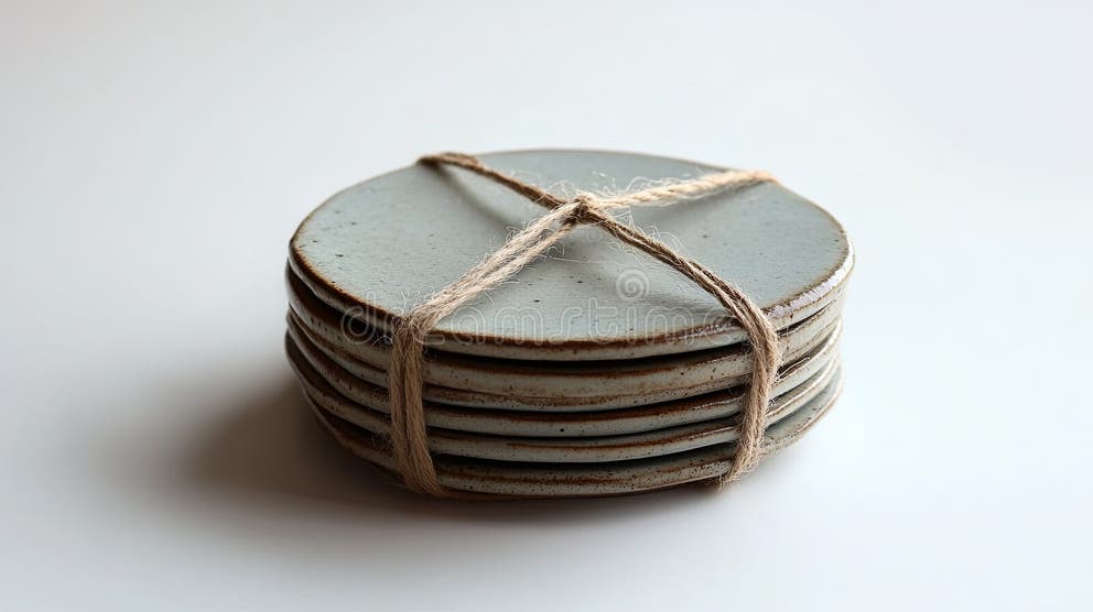 A Stack of Plain Ceramic Coasters Tied with Twine and Resting on a ...