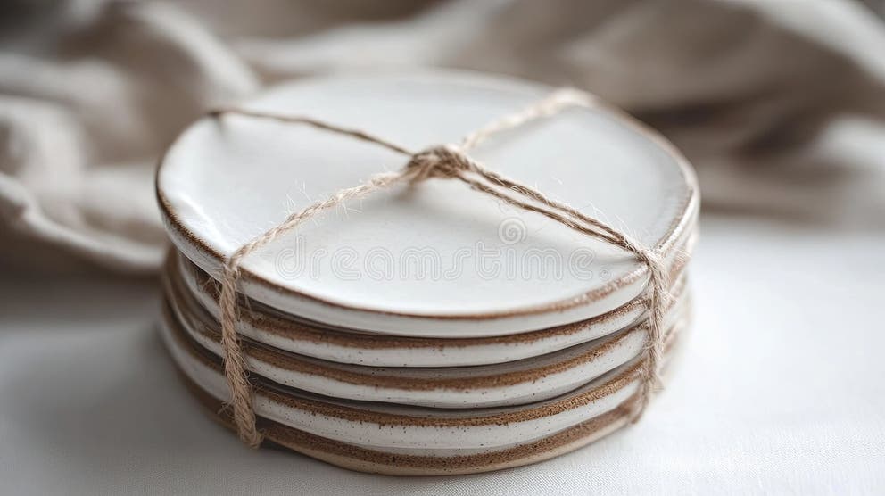 A Stack of Plain Ceramic Coasters Tied with Twine and Resting on a ...
