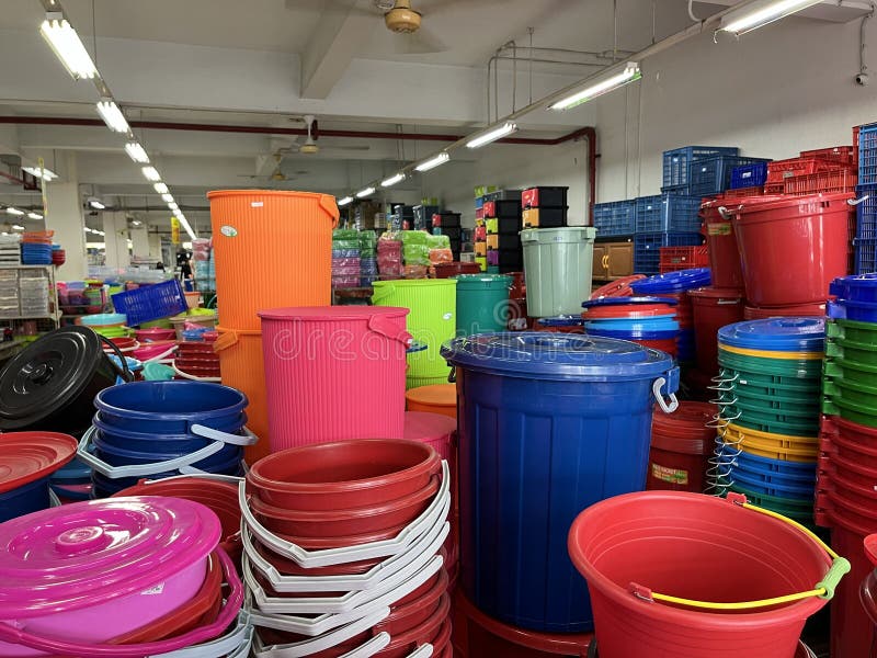 Stack of Plastic Bucket Being Displayed in a Supermarket Stock Image ...