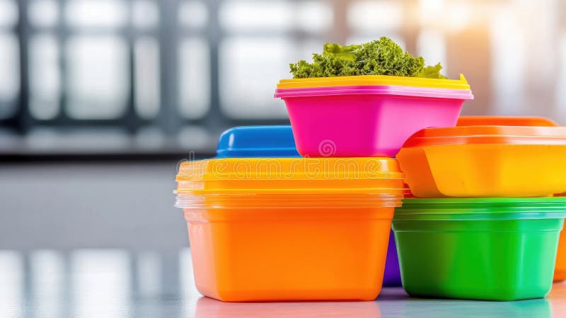 A Stack of Plastic Containers with Different Colored Lids, AI Stock ...