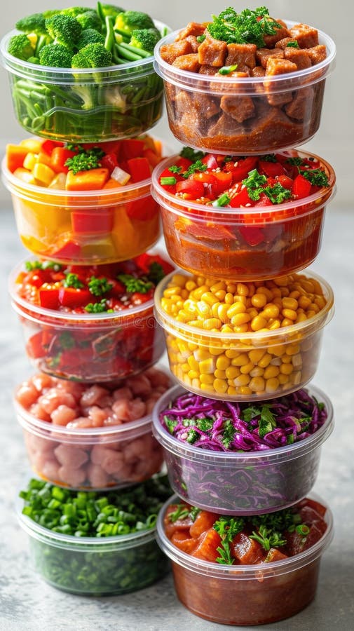 A Stack of Plastic Containers Filled with Different Types of Food Stock ...