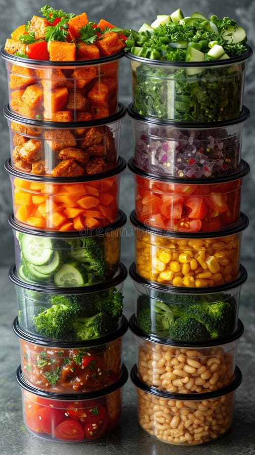 A Stack of Plastic Containers Filled with Different Types of Food Stock ...