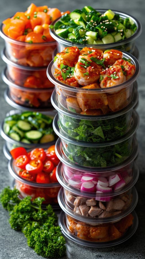 A Stack of Plastic Containers Filled with Different Types of Food Stock ...