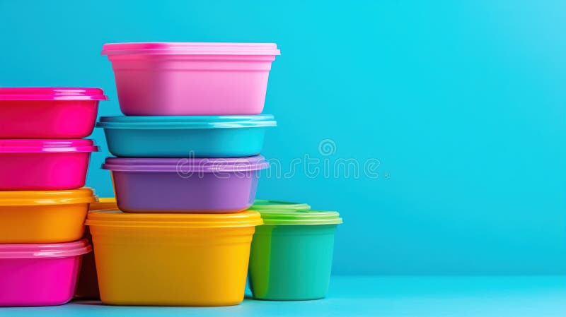 A Stack of Plastic Containers with Lids on a Blue Background, AI Stock ...