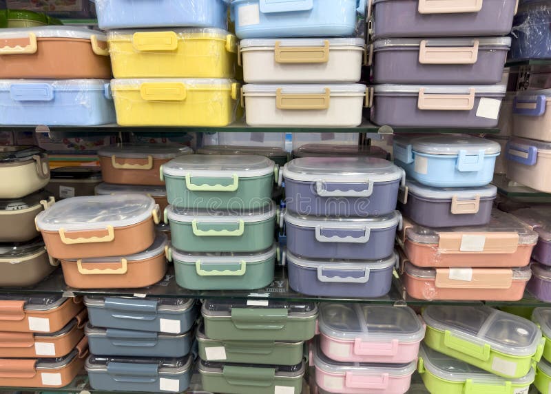Stack of Plastic Lunch Boxes and Food Storage Boxes in Market for Sale ...