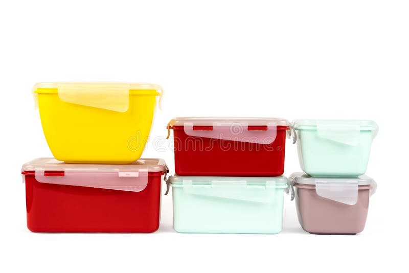 Stack of Plastic Multi-colored Containers for Food Products Isolated ...