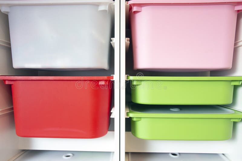 Stack of Plastic Storage Boxes in Different Colors, Sorting System ...