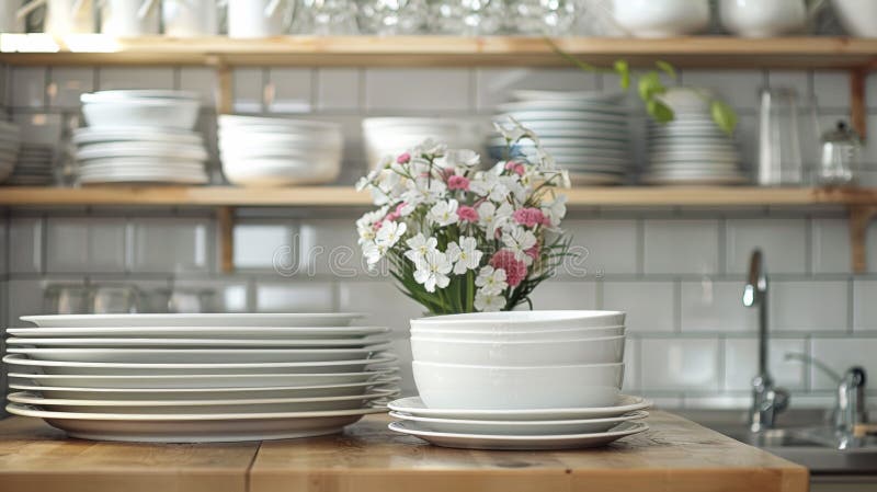 A Stack of Plates and Bowls on a Wooden Counter with Flowers, AI Stock ...
