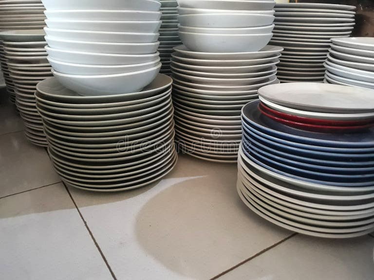 Stack of Plates of Cleaned White, Blue, Red Plates for Catering Buffet ...