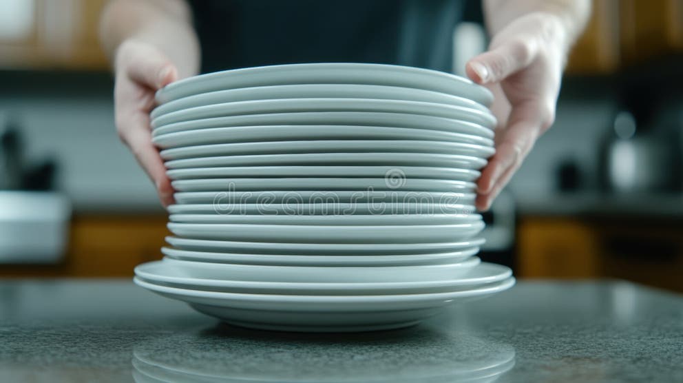 A Stack of Plates on a Counter in Front of Someone, AI Stock Photo ...