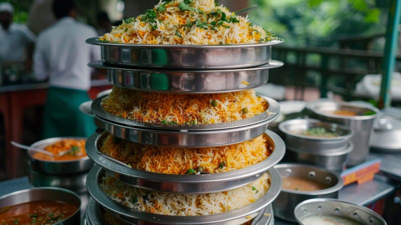 A Stack of Plates Stacked on Top of Each Other with Food, AI Stock ...