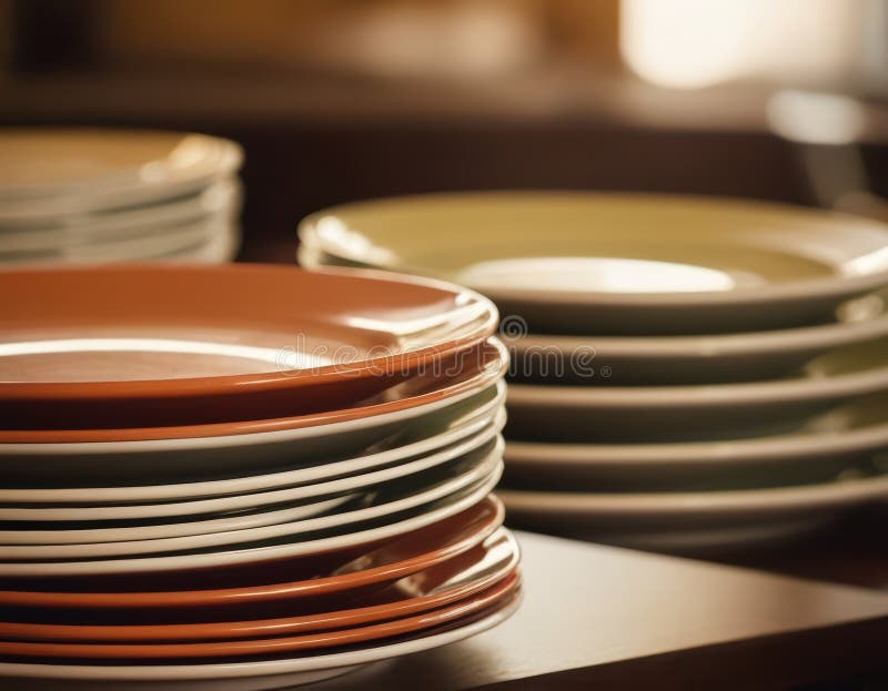 Stack of Plates, Washed Dishes on the Table Stock Photo - Image of ...