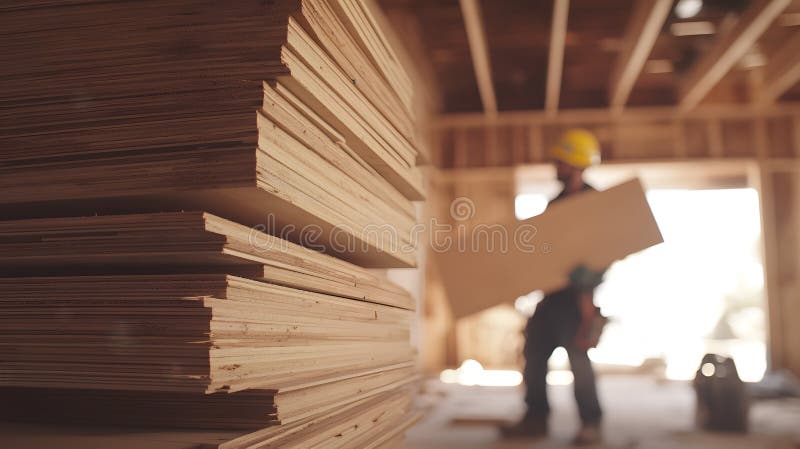 Construction Site with Stack of Plywood Panels and Worker Stock ...