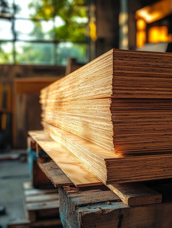 Stack of Plywood Sheets in a Sunlit Workshop. Stock Photo - Image of ...