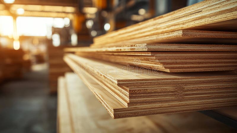 Stack of Plywood Sheets in a Sunny Warehouse. Stock Image - Image of ...