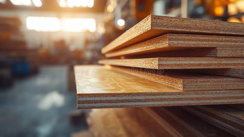 Stack of Plywood Sheets in a Workshop with Sunlight. Stock Image ...