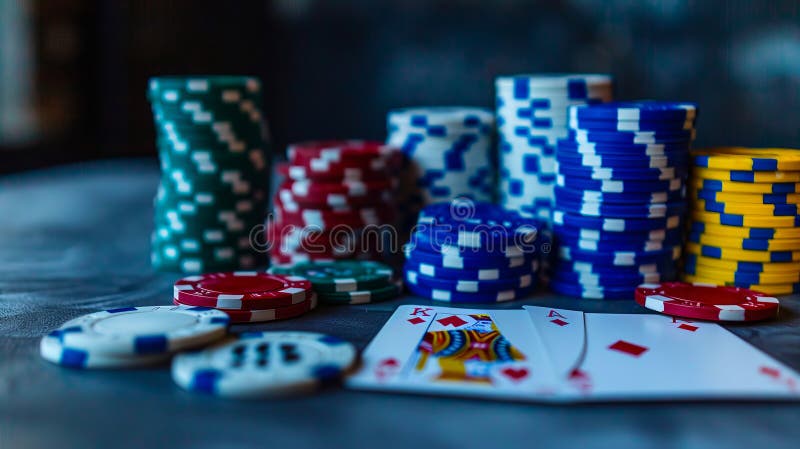 A Stack of Poker Chips and Playing Cards on a Table Stock Image - Image ...