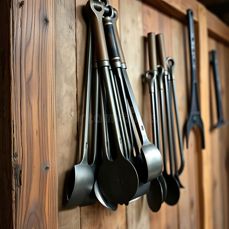 A Stack of Polished Blacksmith Tools Hanging on a Barn Wall Stock ...