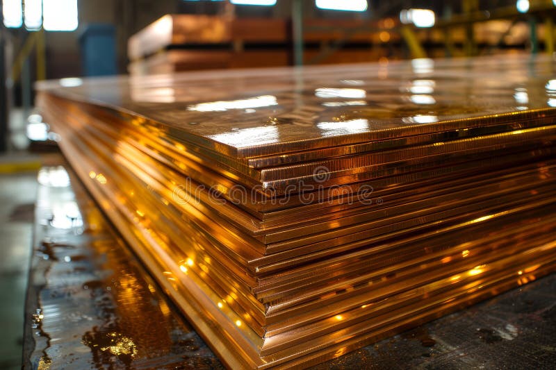 A Stack of Polished Copper Sheets Reflecting Light in a Warehouse ...