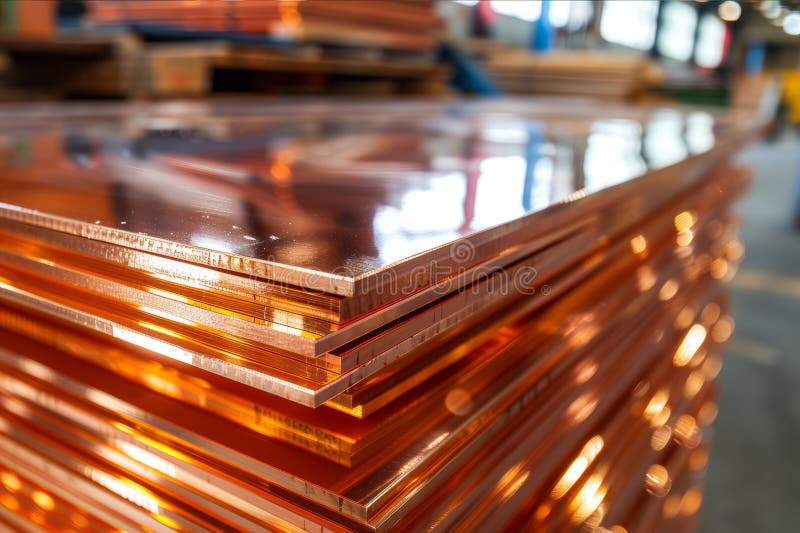 A Stack of Polished Copper Sheets Reflecting Light in a Warehouse ...