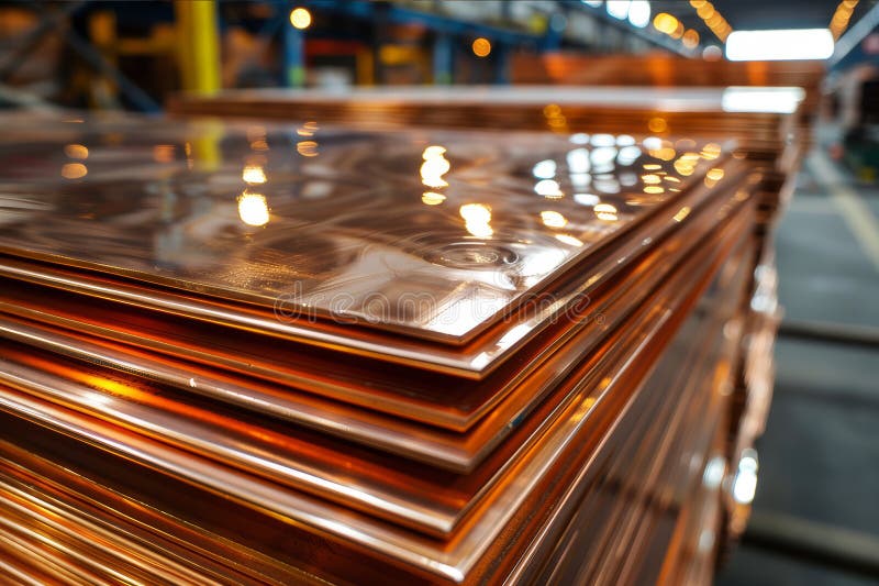 A Stack of Polished Copper Sheets Reflecting Light in a Warehouse ...