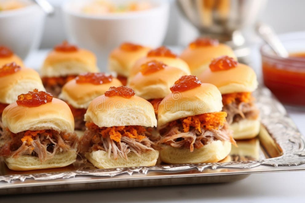 Stack of Pork Sliders with Spicy Red Sauce on a Silver Tray Stock Image ...