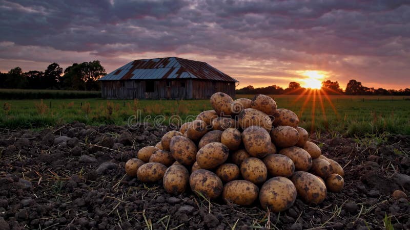 Stack of Potatoes on Farm Field at Sunset, Rustic Barn Backdrop ...