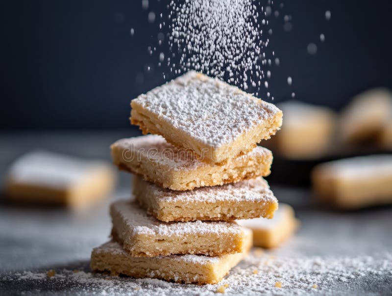 A Stack of Powdered Sugar-dusted Cookies with Sugar Falling from Above ...