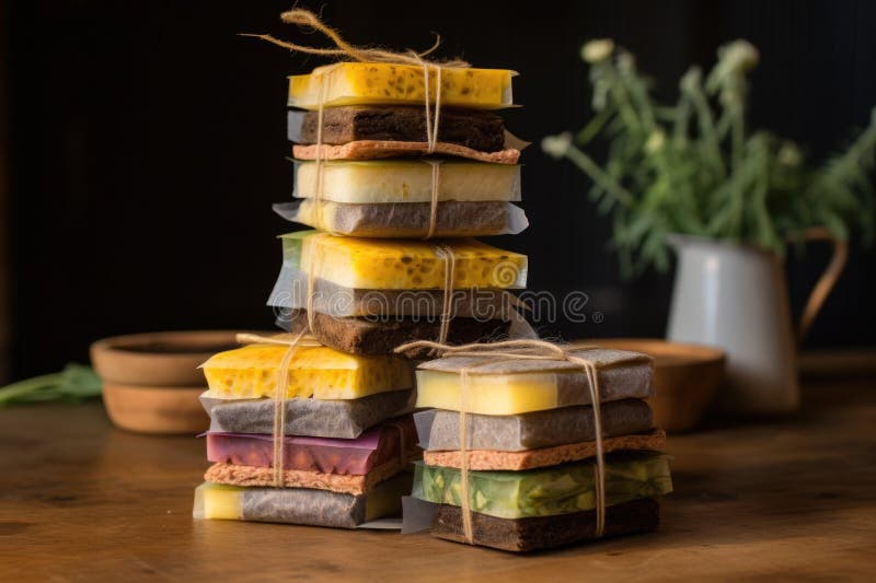 Stack of Pre-made Sandwiches Wrapped in Sustainable Beeswax Wraps Stock ...