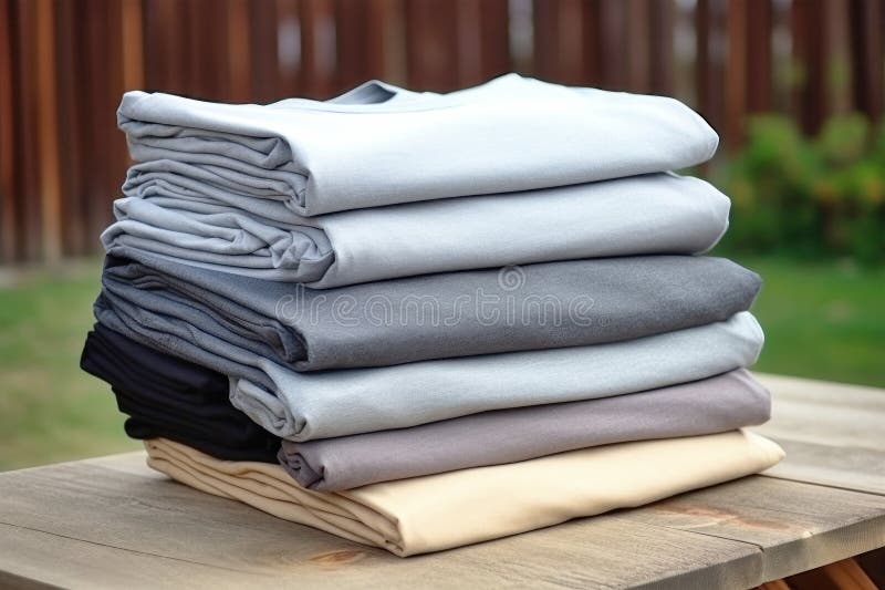 A Stack of Precisely Folded Clothes Arranged Neatly on Top of a Wooden ...