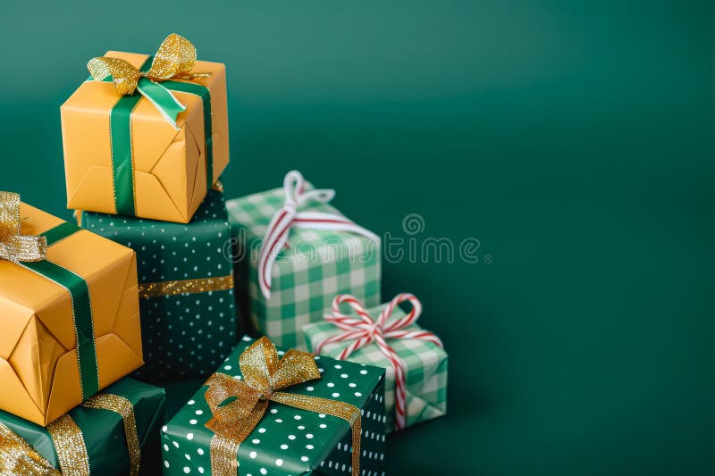 Stack of Presents with a Green and Gold Box in the Middle Stock Image ...
